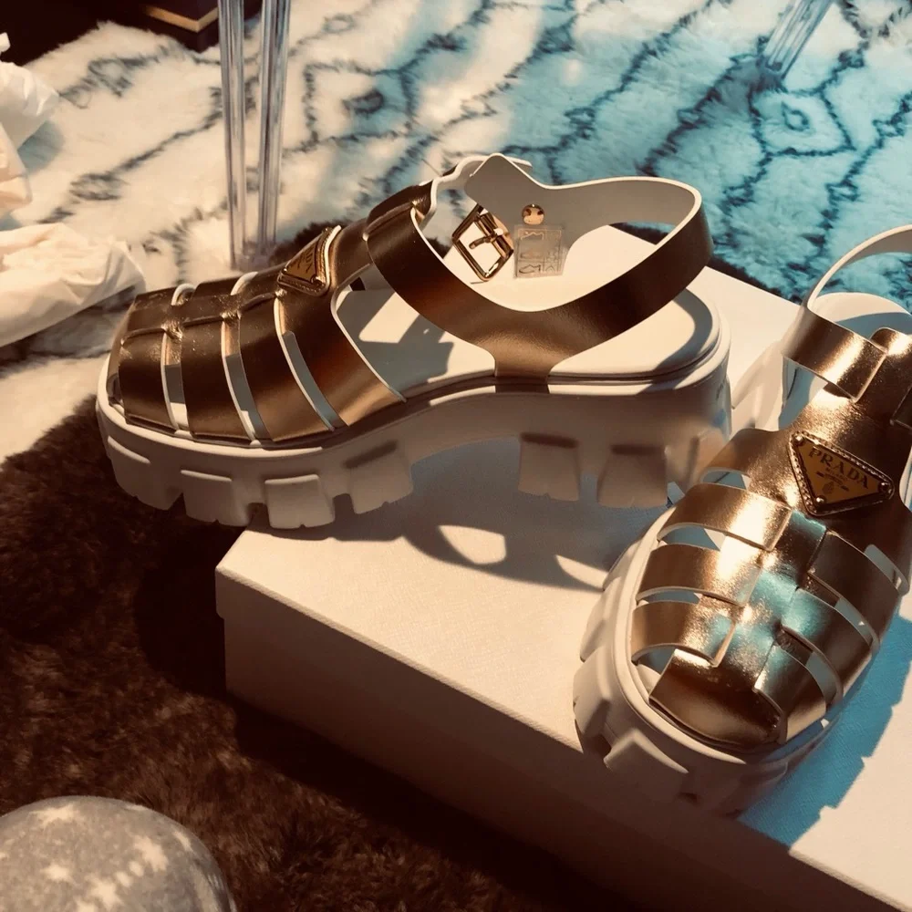 Prada | Shoes | Prada Gold Rubber Monolith Sandals | Poshmark